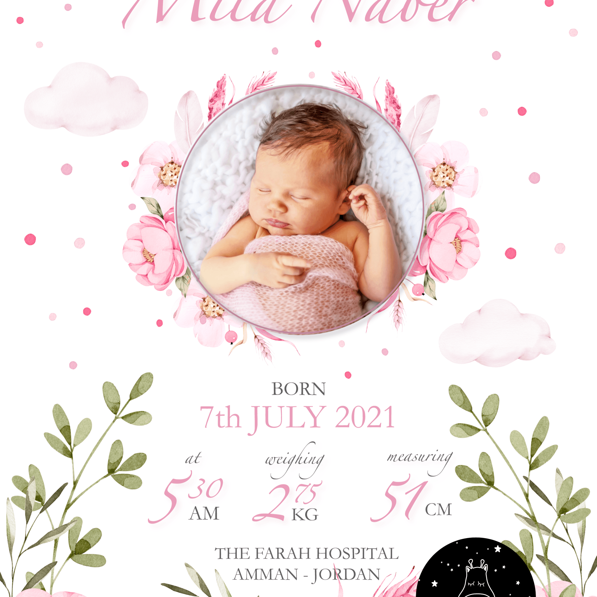 Floral Birth Details Baby Girl Poster | Twinkle and Giraffe Designs